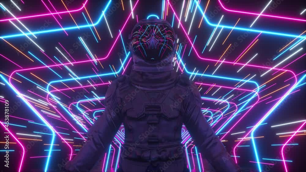 Vidéo Stock An endless neon tunnel of stars moves along the astronaut ...