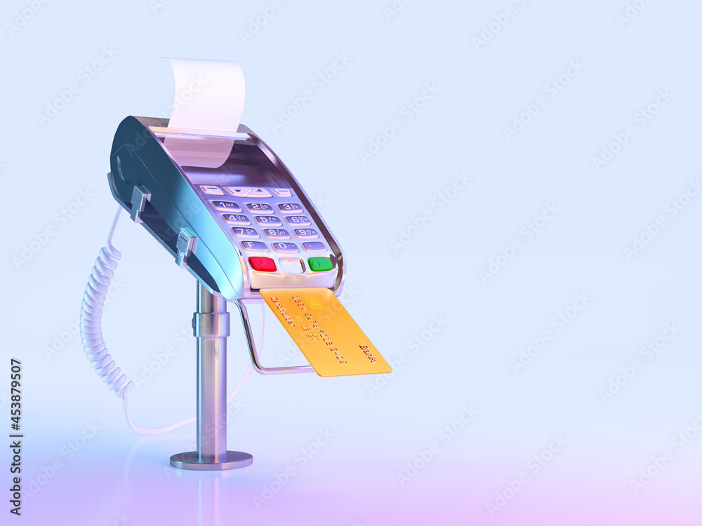 Wireless credit card payment POS terminal isolated on blue background ...