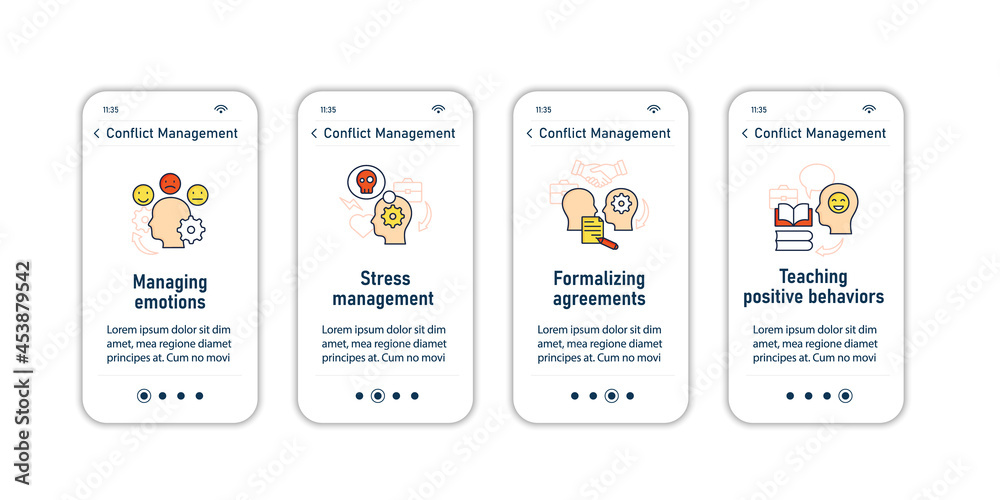 Conflict management onboarding mobile app screens. Resolving conflict between two people steps ...