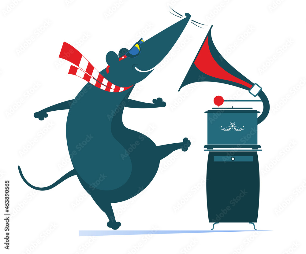 Cartoon rat or mouse and retro record player illustration. Funny rat or ...