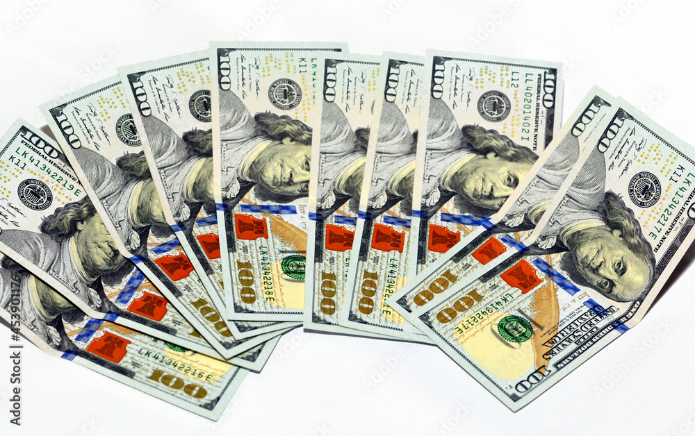 stack of 100 one hundred dollars bill banknote series 2009 with the portrait of president ...