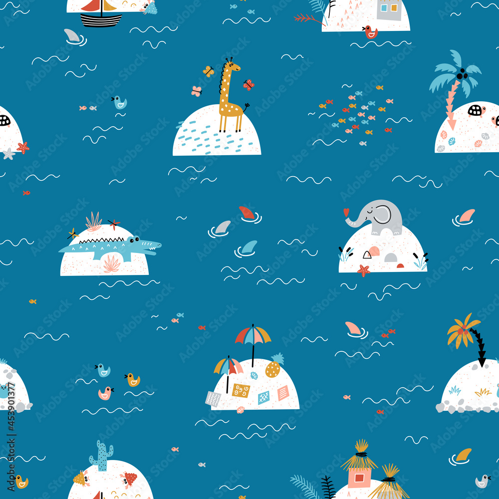 Cute Sea and Islands with African Animals, Houses, Tropical Beaches ...
