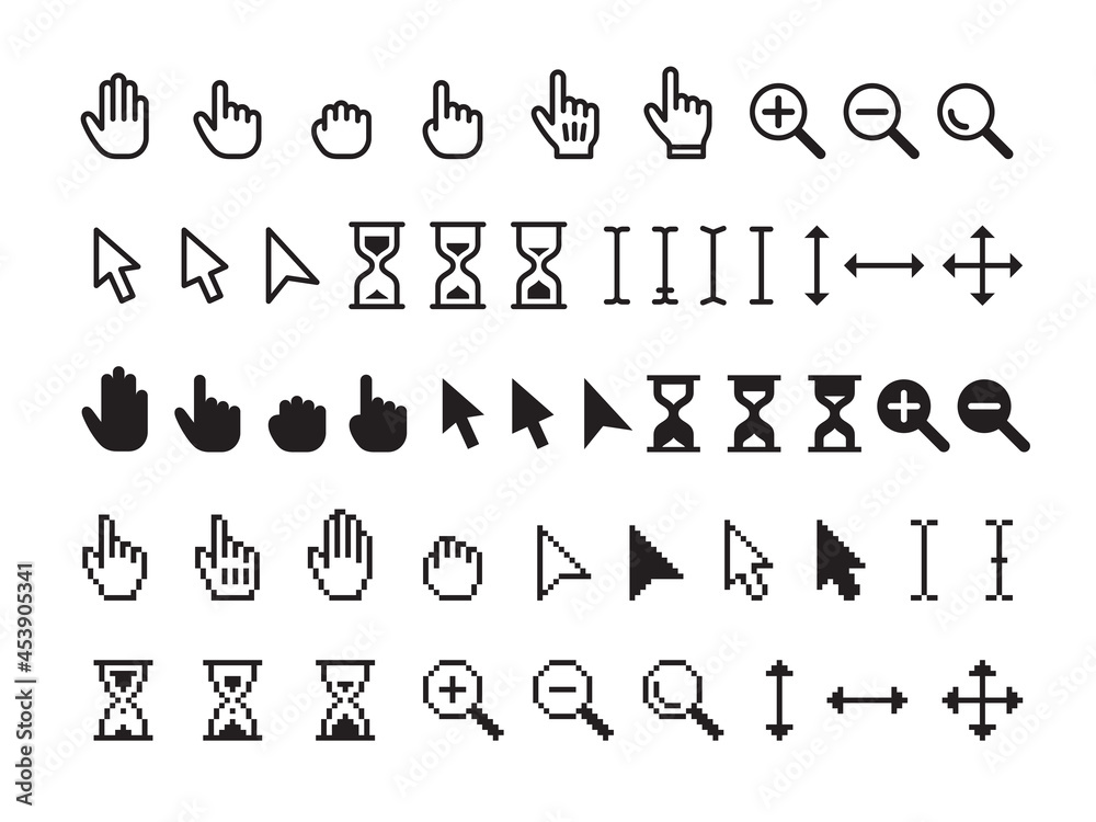 Pointer cursor icon. Sign pointers, computer web hand and arrows. Click ...