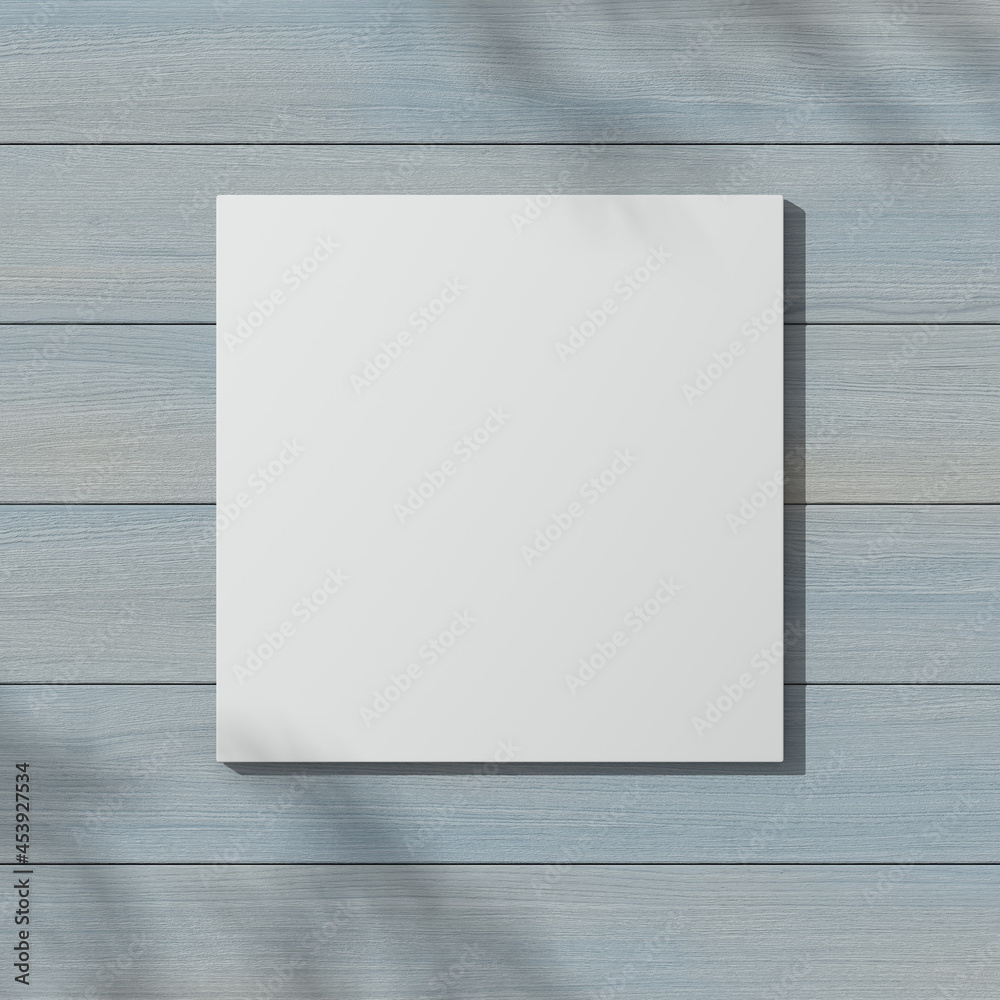 One white square on wood textured wall. 3D render. White square mock up ...