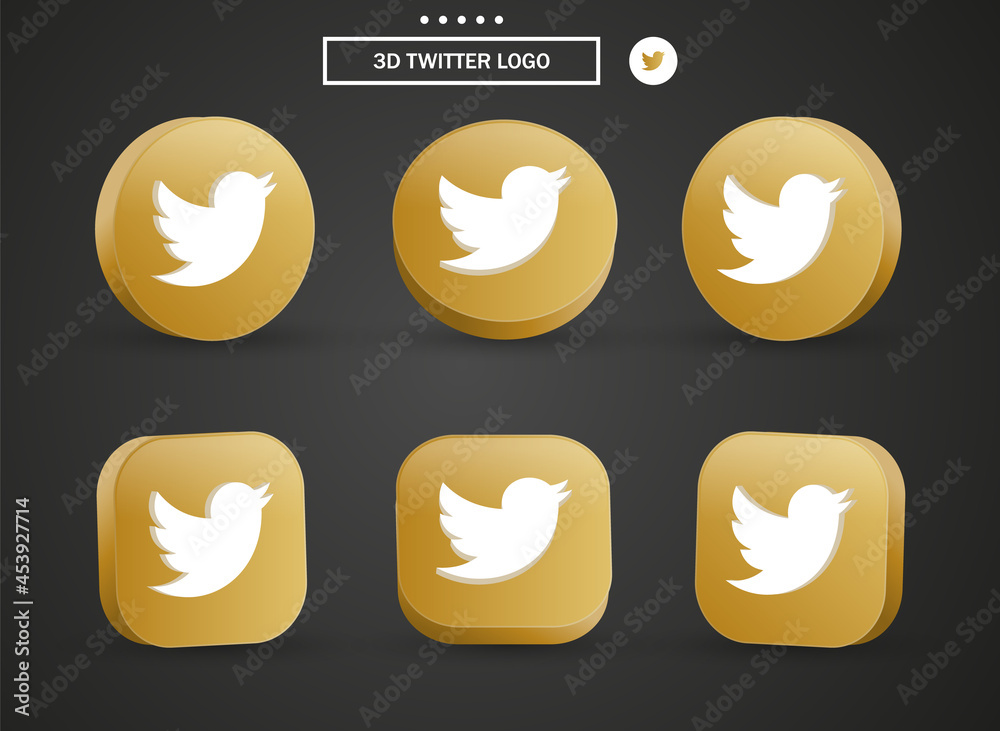 3d twitter logo in modern golden circle, square for popular social ...