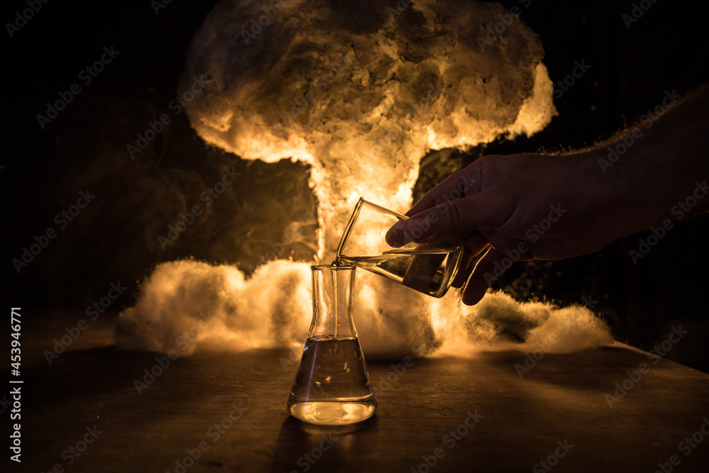 Test glass flask with solution in research laboratory. Science and ...