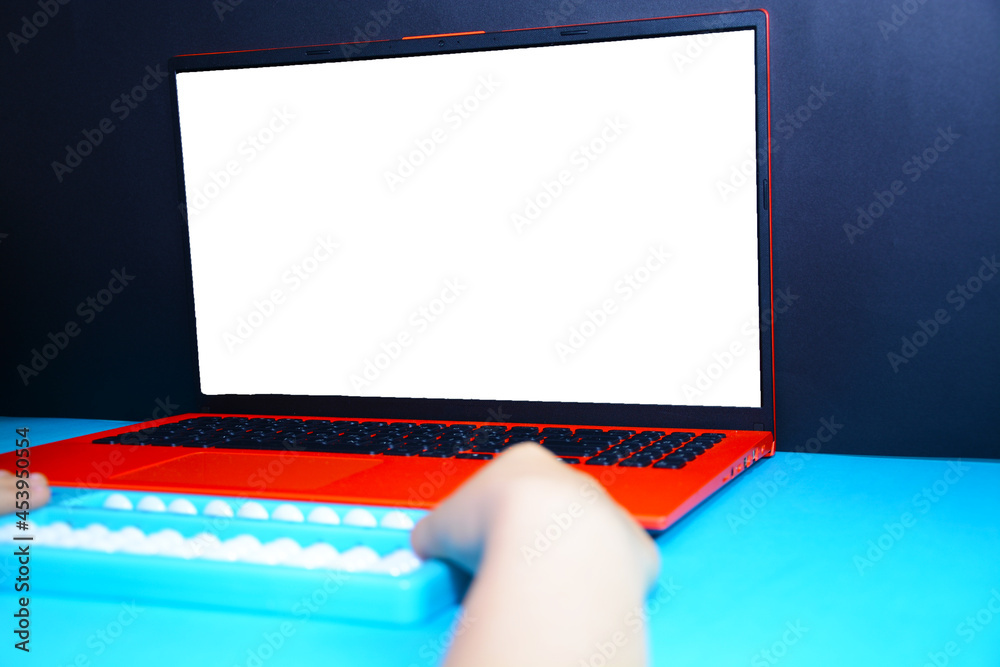 Child boy with Japanese traditional abacus soroban computer screen ...