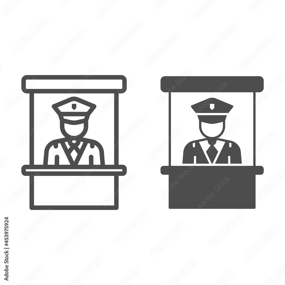 Customs officer in the office, passport controll line and solid icon ...