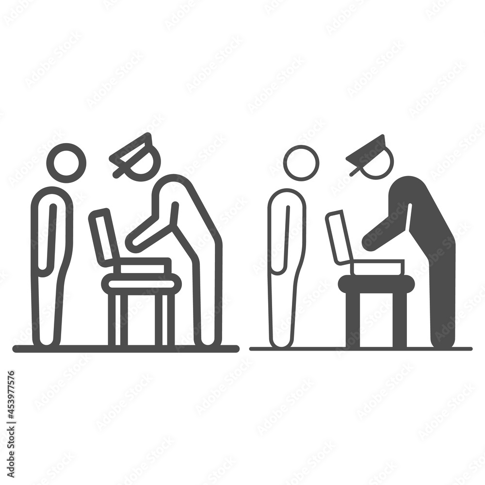 Officer examines suitcase line and solid icon, security check concept ...