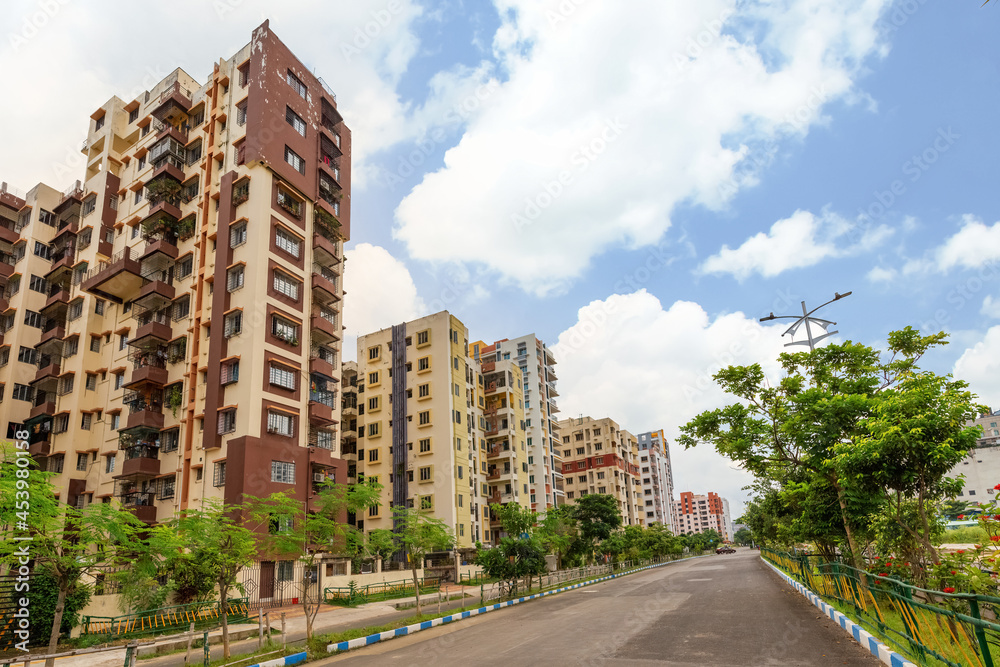 High rise residential apartment buildings with city road at Kolkata ...