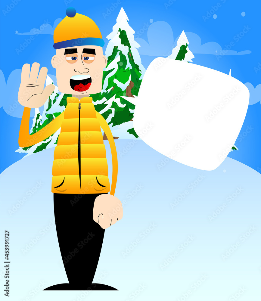 Funny cartoon man dressed for winter with waving hand. Vector ...