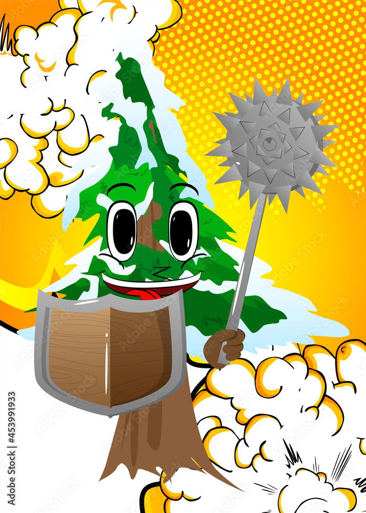 Cartoon winter pine trees with faces holding a spiked mace and shield ...