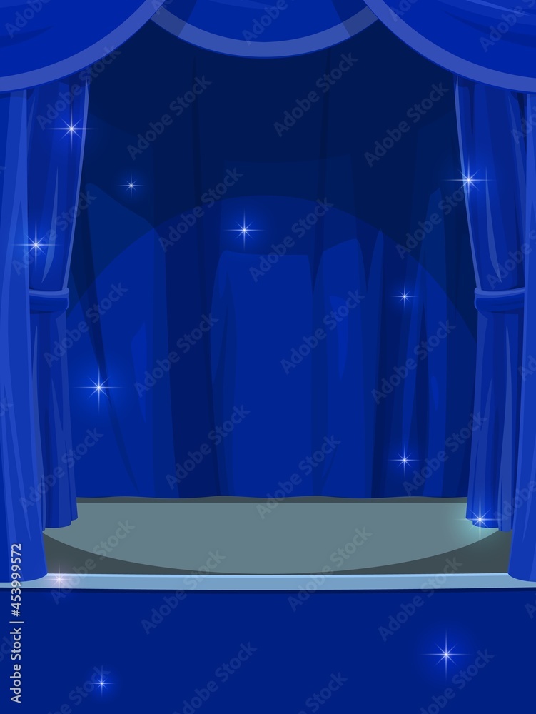 Blue curtains on stage. Circus or theater empty stage with opened ...