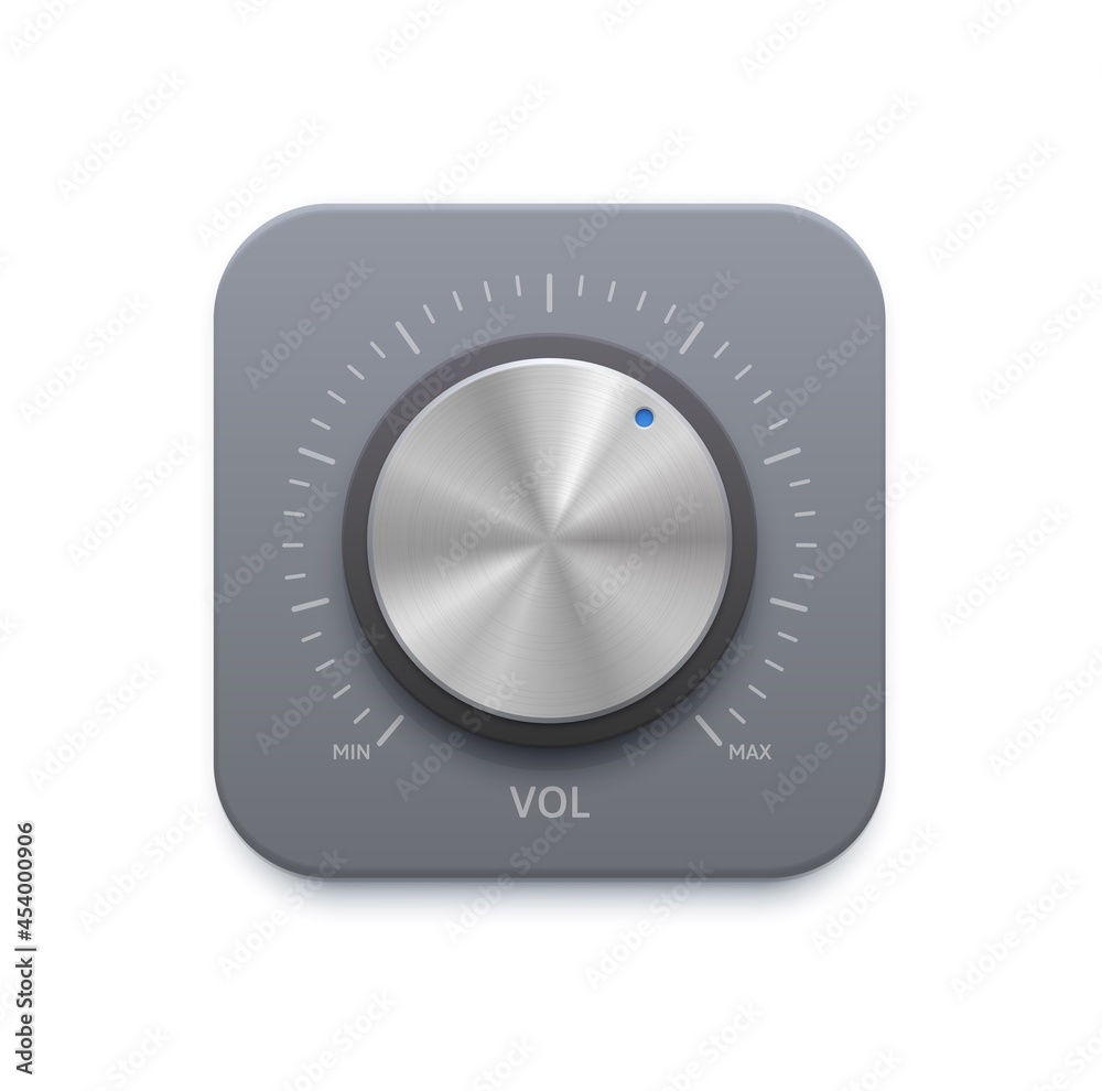 Metallic music sound knob button icon. Stainless steel, chrome metal or ...