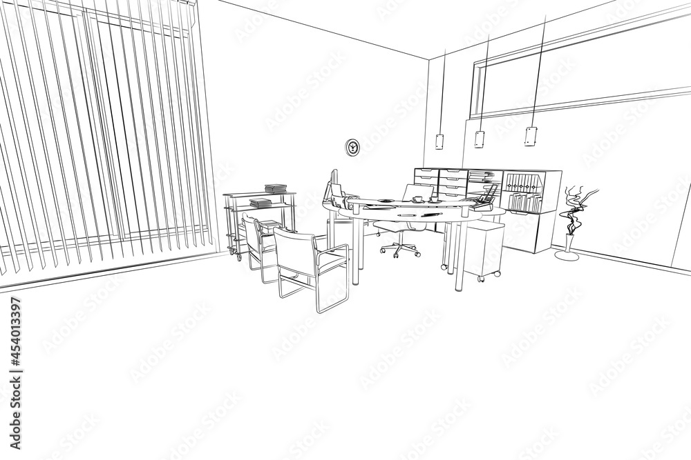 3d office room graphical interior with black white sketch. linear sketch. Stock Illustration ...