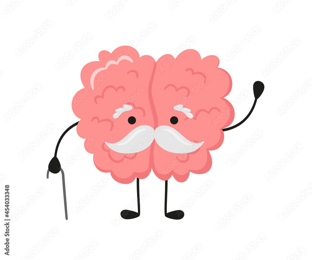 A kawaii old brain character with a gray mustache and walking stick ...