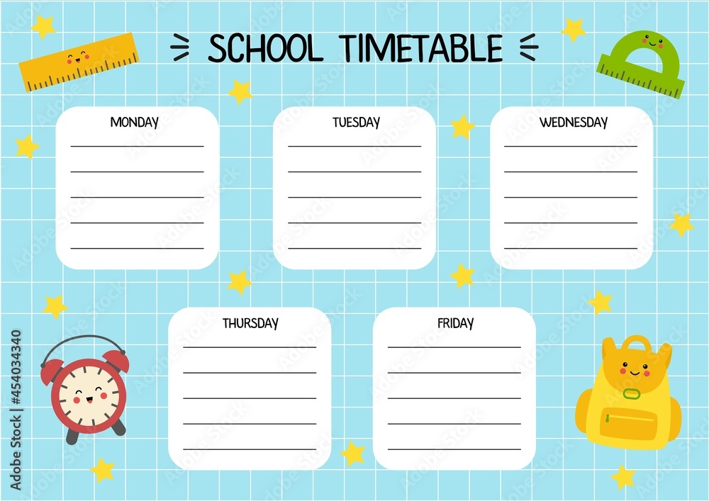 Cartoon timetable template for kids with cute school supplies. Stock ...