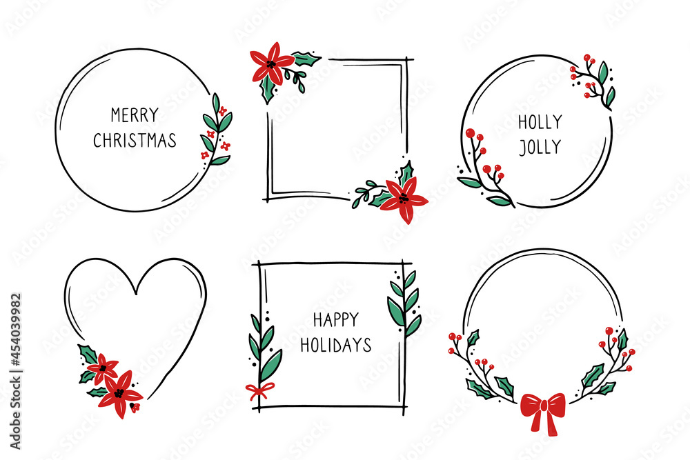 Chrirtmas floral frame with circle, round, rectangle shape. Doodle hand ...