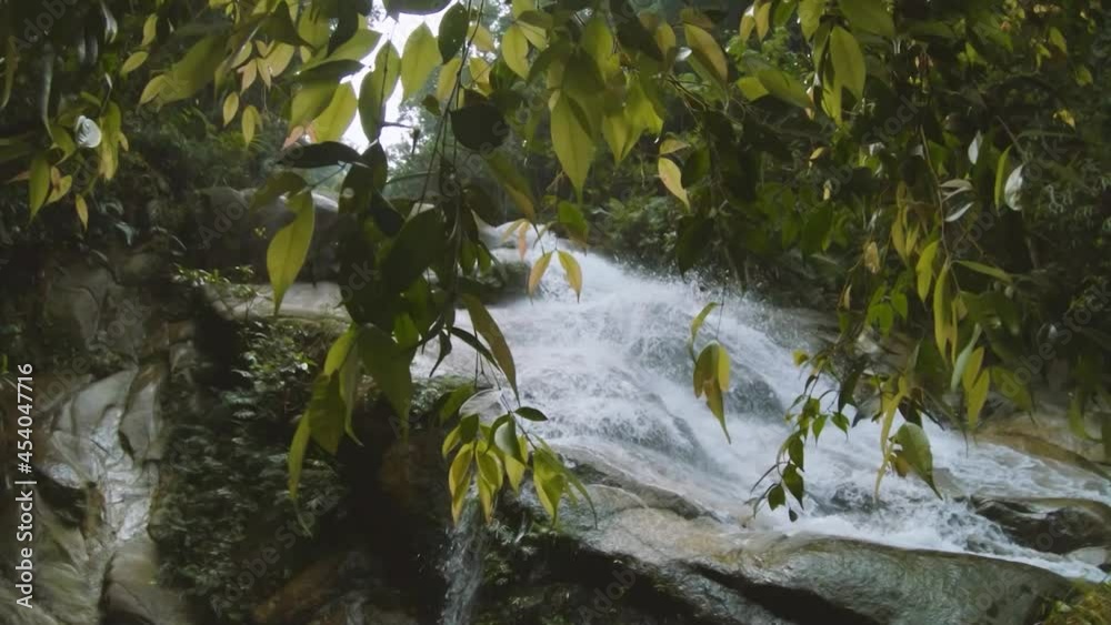 Slow motion footage of a waterfall, footage moving from left to right ...