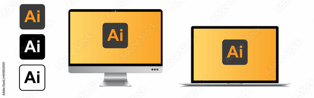 Adobe Illustrator logo on laptop computer and tablet screen. Isolated ...
