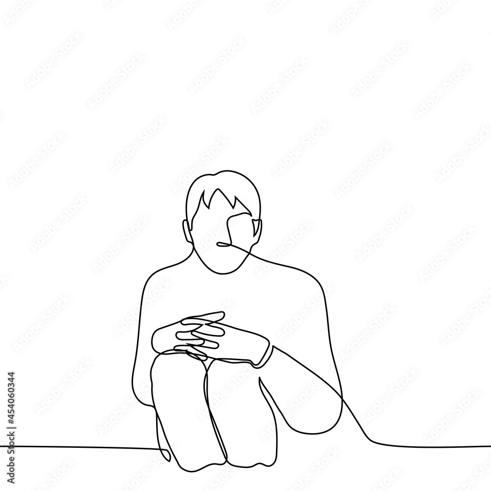 man squatting one line drawing. concept of shrinking man, outsider ...