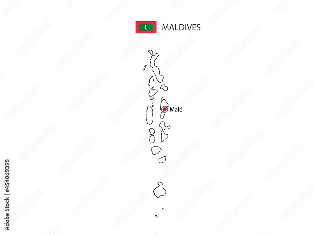 Hand draw thin black line vector of Maldives Map with capital city Malé ...