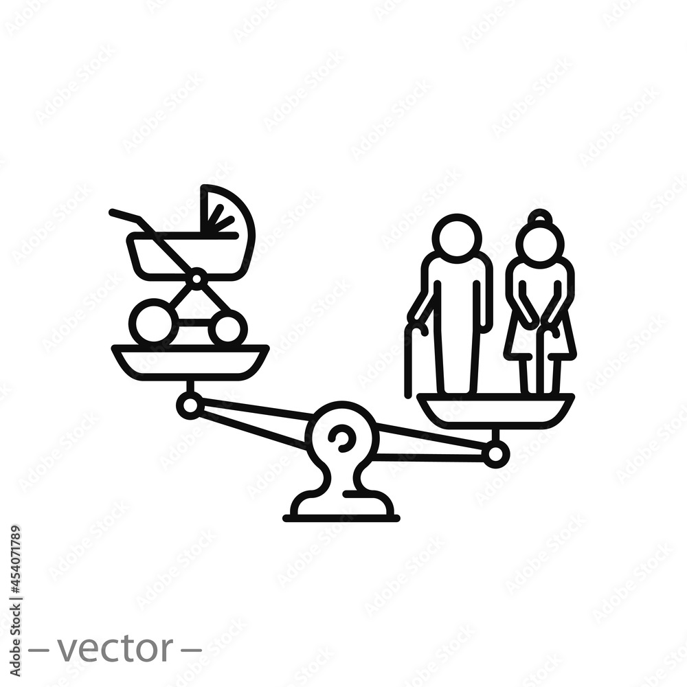 demographic problem icon, decline birthrate, growth pension people or old, thin line symbol on ...