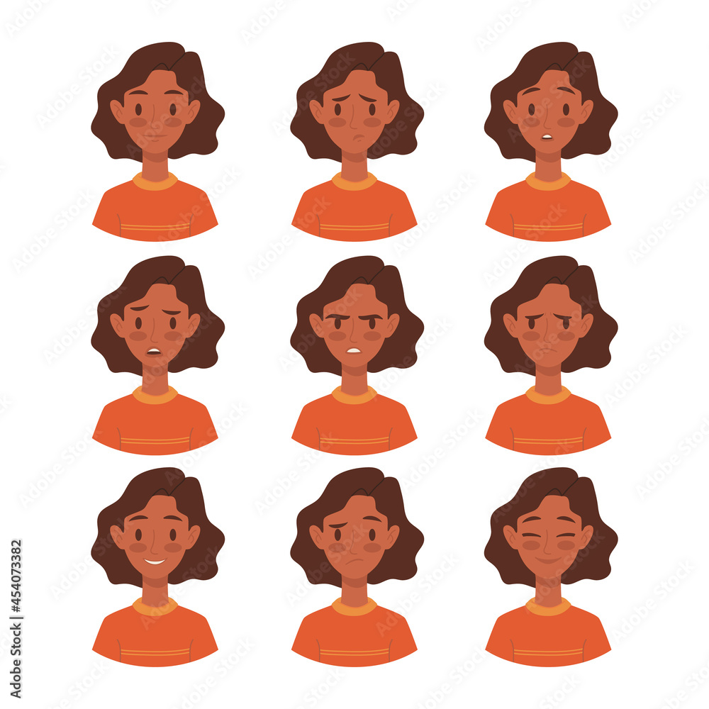 Young dark skin woman different emotions. Angry, smile, sad, surprised ...