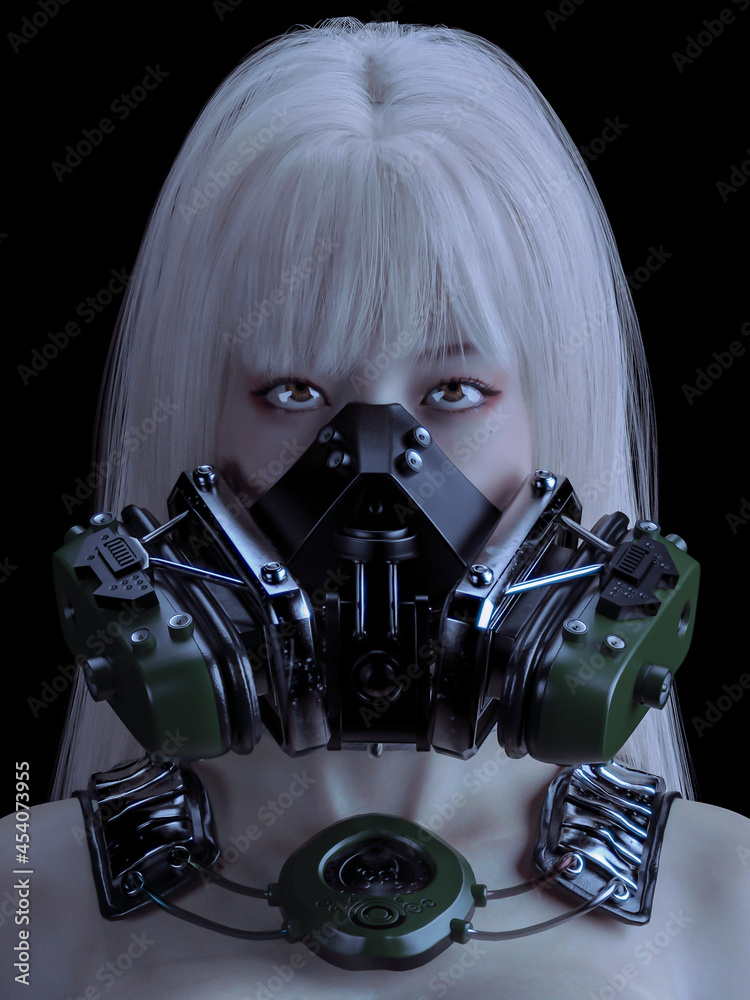 3D rendering illustration fantasy girl wearing mechanical mask Stock ...