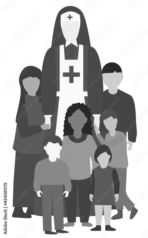 Sister of Mercy and orphans. World Orphans Day. Retro portrait. Group ...