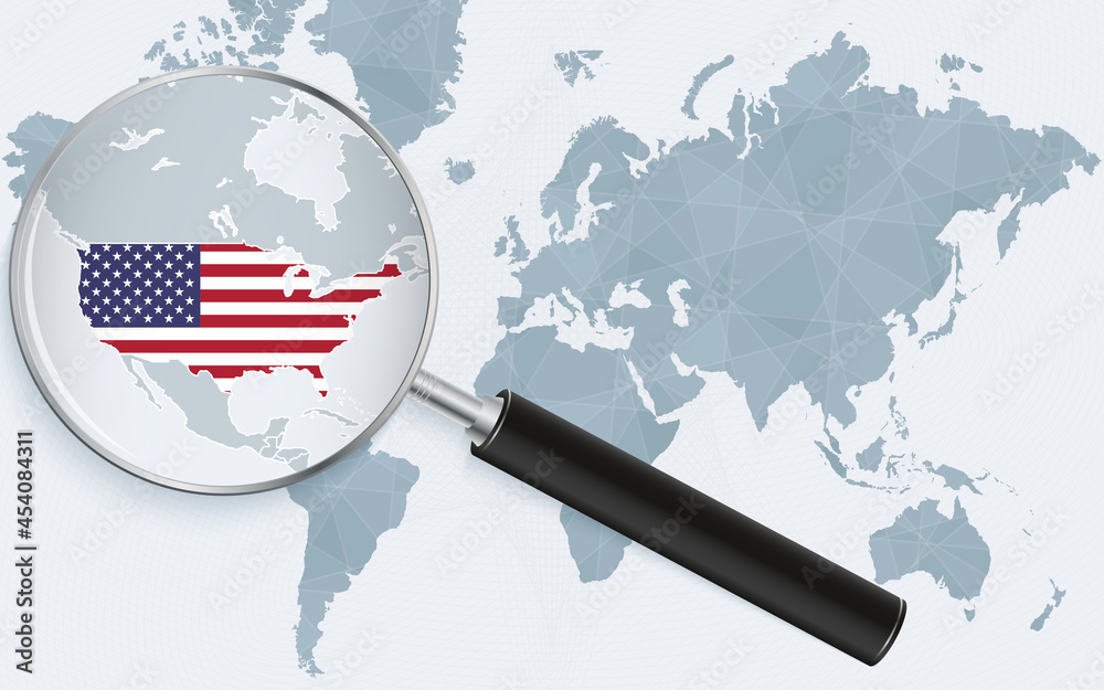 World map with a magnifying glass pointing at USA. Map of USA with the ...
