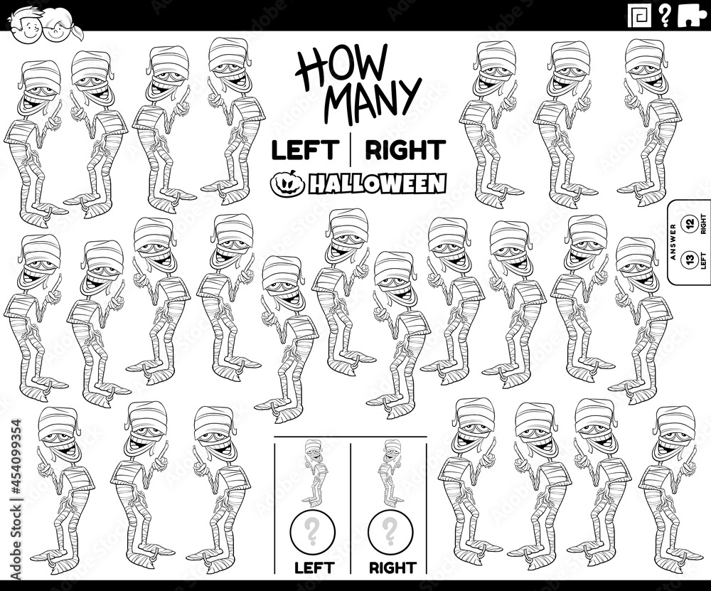 count left and right pictures of cartoon mummy color book page Stock ...