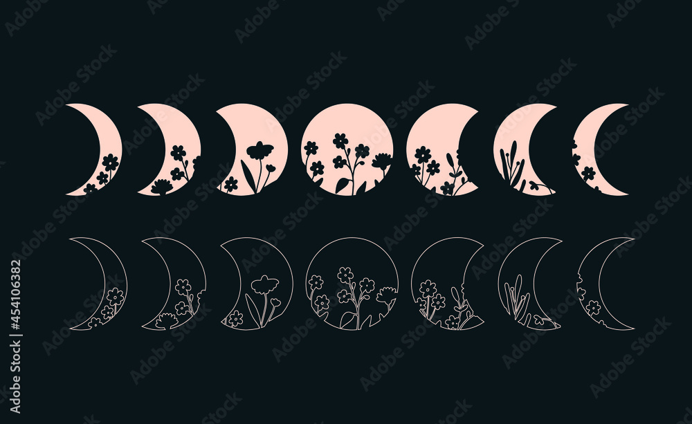 Moon phases with floral. Bohemian phases of the moon illustration ...