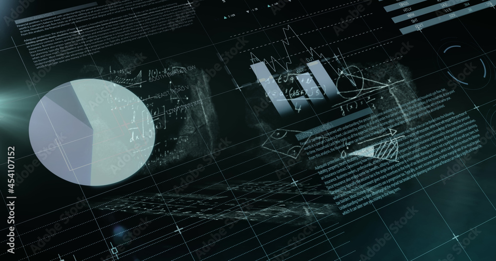 Mathematical equations floating against statistical data processing ...