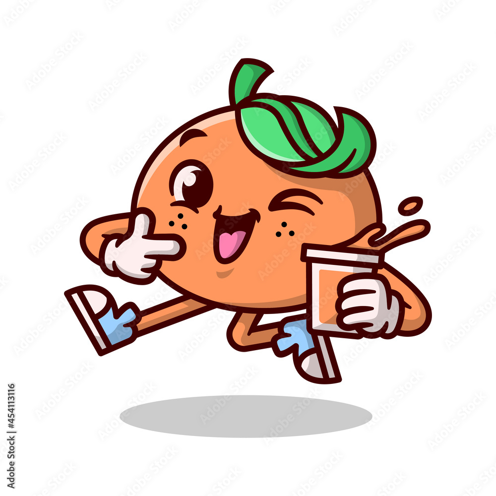 CUTE ORANGE CARTOON MASCOT IS JUMPING AND BRINGING A GLASS OF ORANGE ...