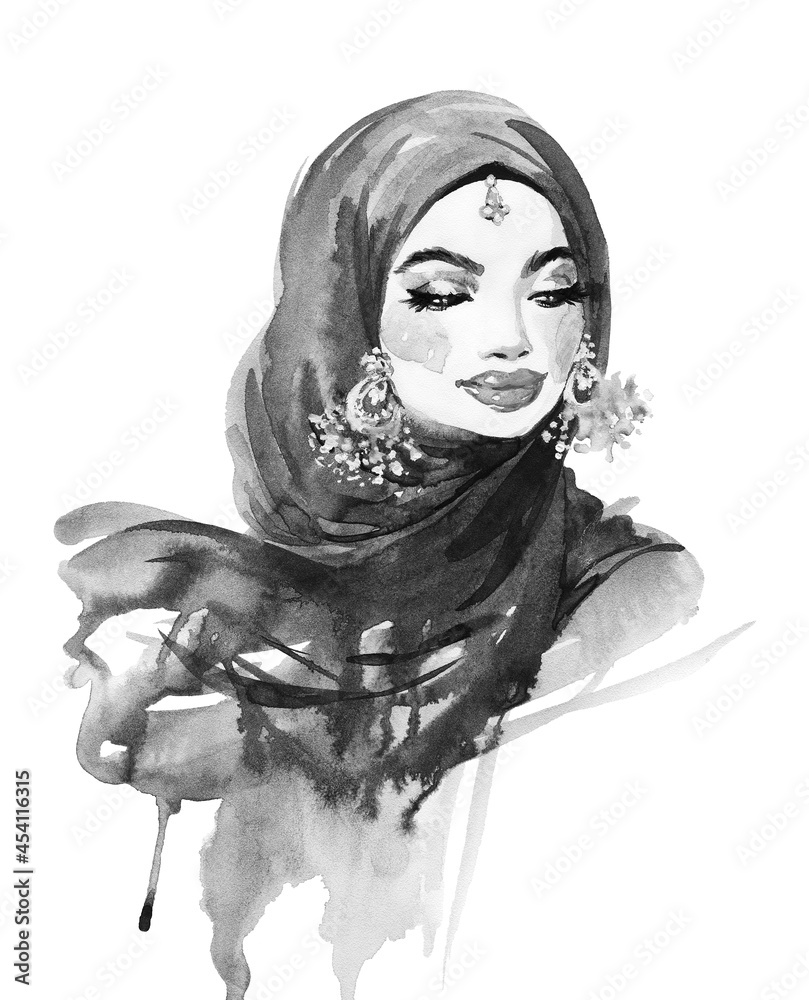 Hand drawn young Arabian woman with hijab and closed eyes. Watercolor ...