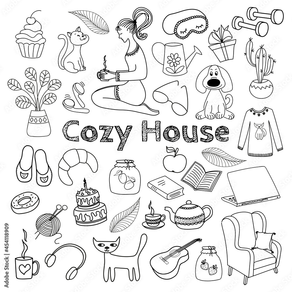 Large set of cozy home icons. Sweet home hand-drawn icons and symbols ...