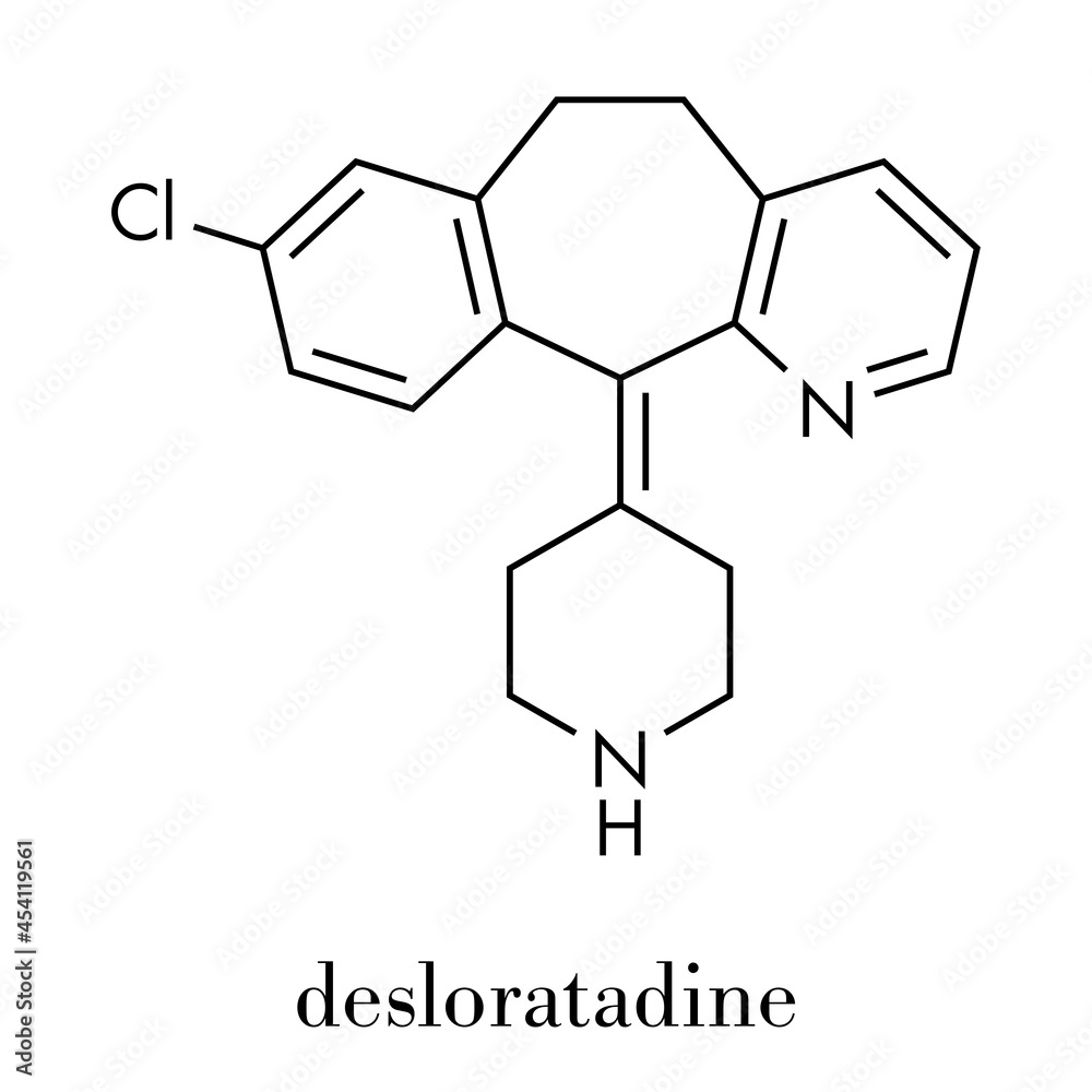 Desloratadine antihistamine drug molecule. Used to treat hay fever ...