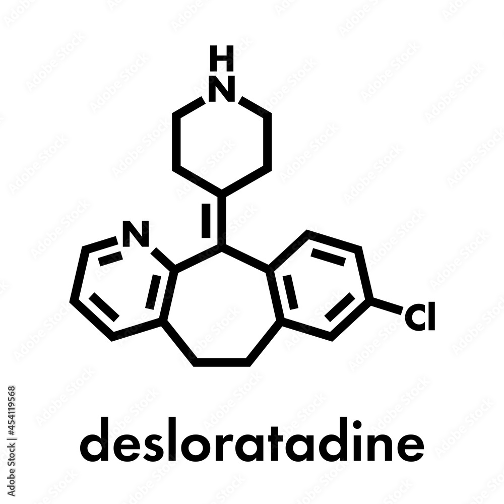 Desloratadine antihistamine drug molecule. Used to treat hay fever ...