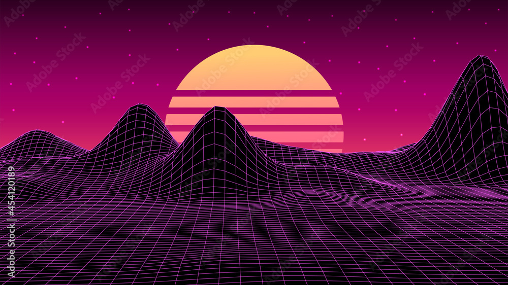 Retro fantastic background of the 80s. Vector mountain wireframe ...