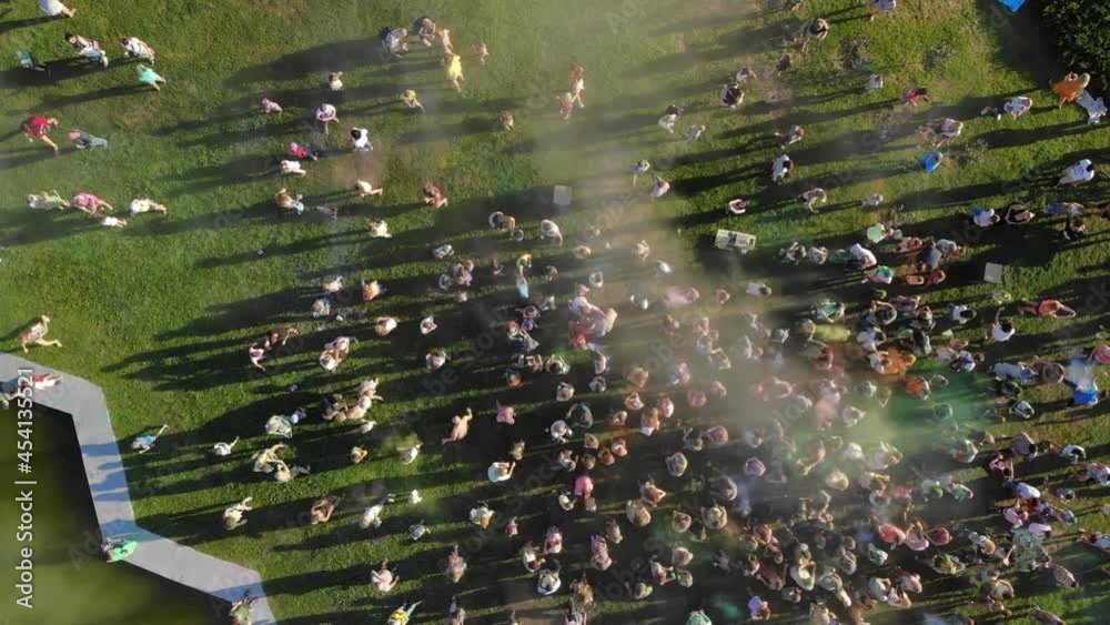 powder paints. aero. aerial top view. Many people having fun, enjoying ...