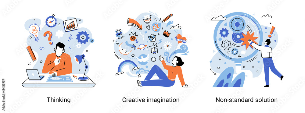 Creative thinking. People with different mental mindset types or models ...