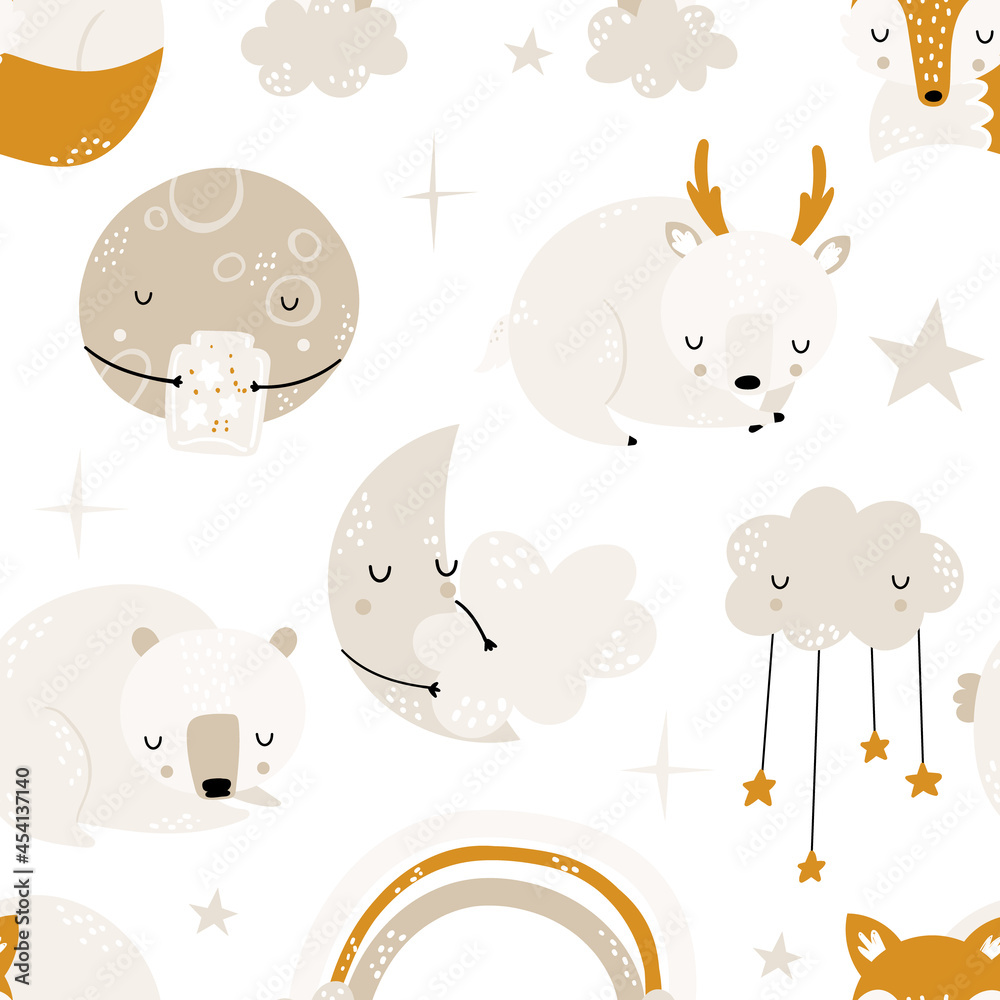 Seamless childrens hand-drawn pattern with cute sleeping animals ...