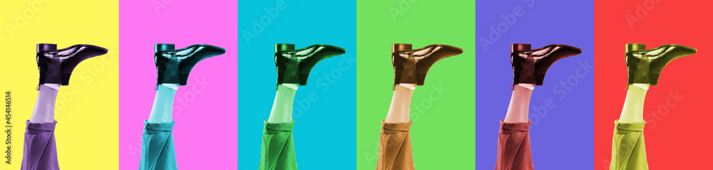 Collage of neon colored male legs wearing classic shoes on colorful ...