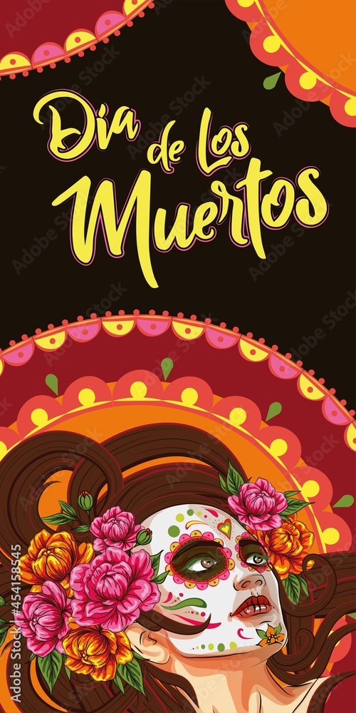 Day of the dead woman sugar skull in a wreath of orange dahlias ...