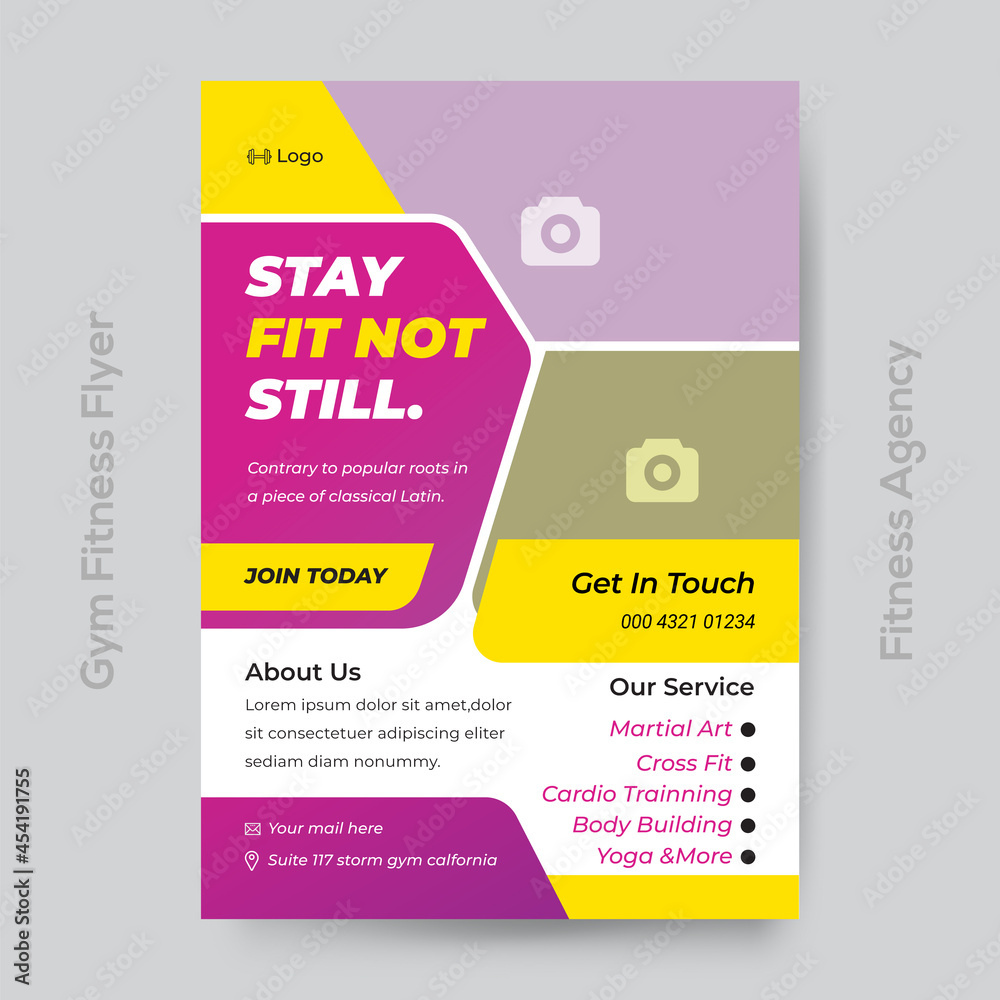 Fitness Gym Bodybuilding Pink Yellow A4 Flyer Poster Template Design ...