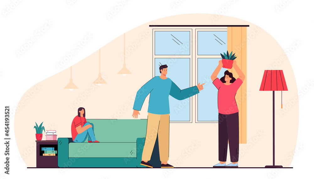 Parents arguing in front of daughter. Flat vector illustration. Family ...