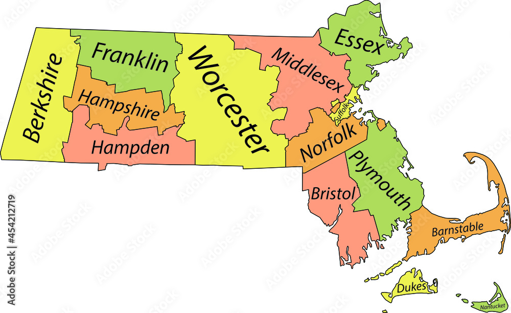 Pastel vector map of the Federal State of Massachusetts, USA with black ...