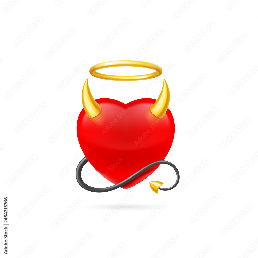 Red Heart with Golden Nimbus, Horns and Black Devil Tail. Cute Cartoon ...