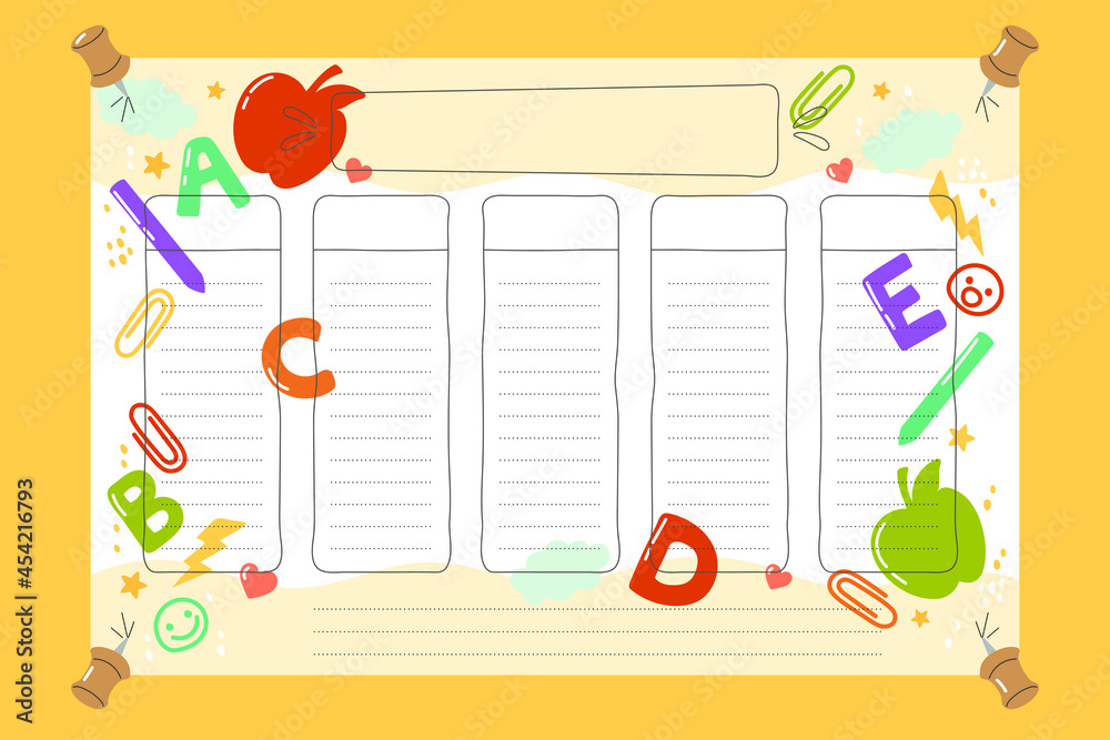 Back to school timetable. Hand drawn. Classroom timetable. Plan note ...